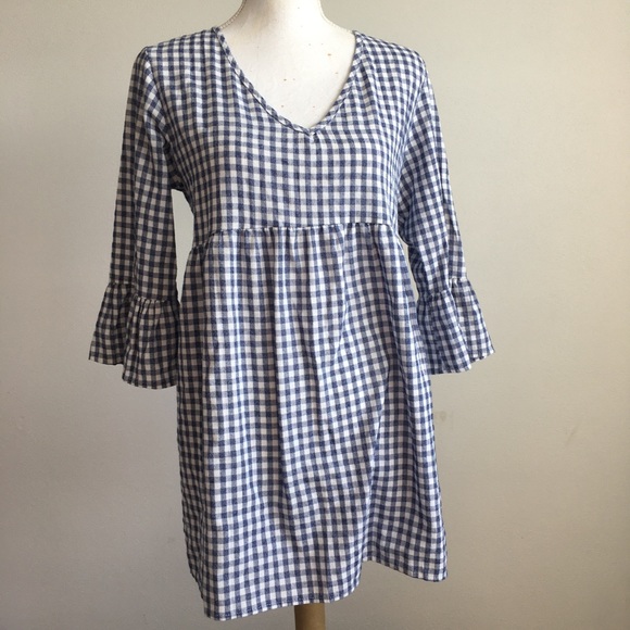 hopely | Tops | Hopely Navy Gingham Ruffle Sleeve Tunic L | Poshmark